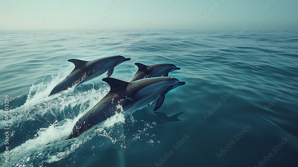 Two sparkling dolphins jumping out of the water at sunrise. Dolphins ...