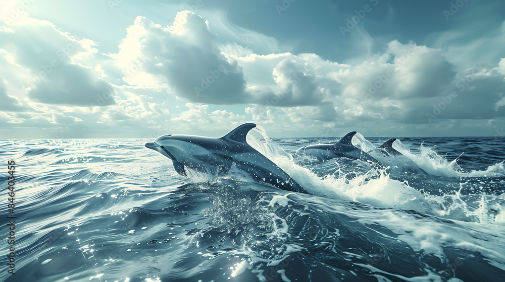 Two sparkling dolphins jumping out of the water at sunrise. Dolphins Jumping From The Sea. a pod ...