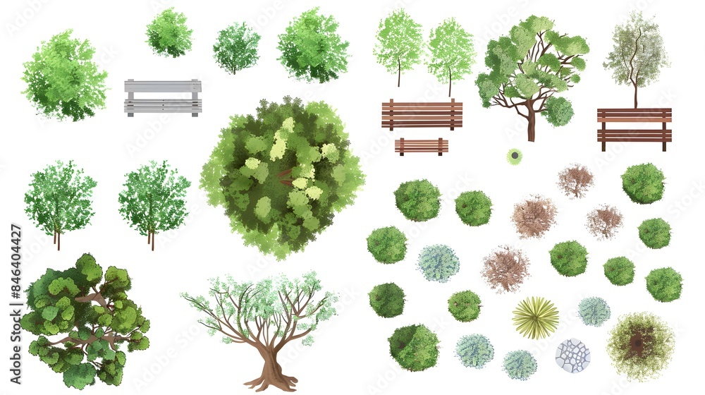 Top view elements for the landscape design plan. Trees and benches for ...