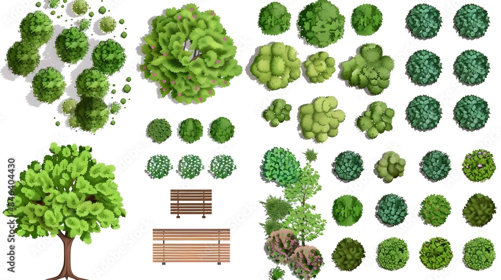 Top view elements for the landscape design plan. Trees and benches for ...