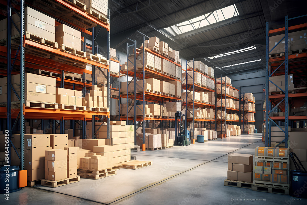 Shelving with boxes of goods in a modern industrial warehouse store ...