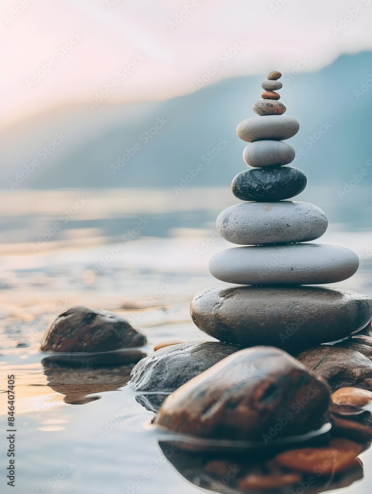 stack of zen stones, various sea pebbles pyramid of balanced stones ...
