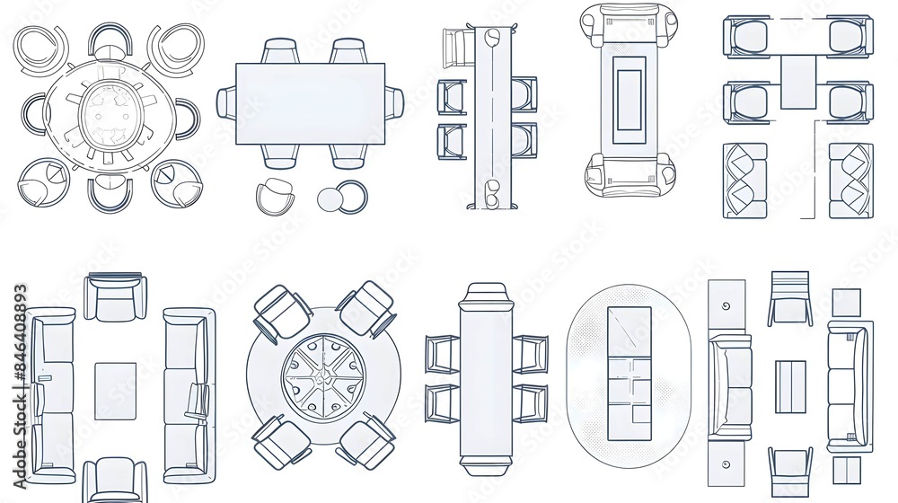 Set of plan for arranging seats and tables in interior, layout graphic ...