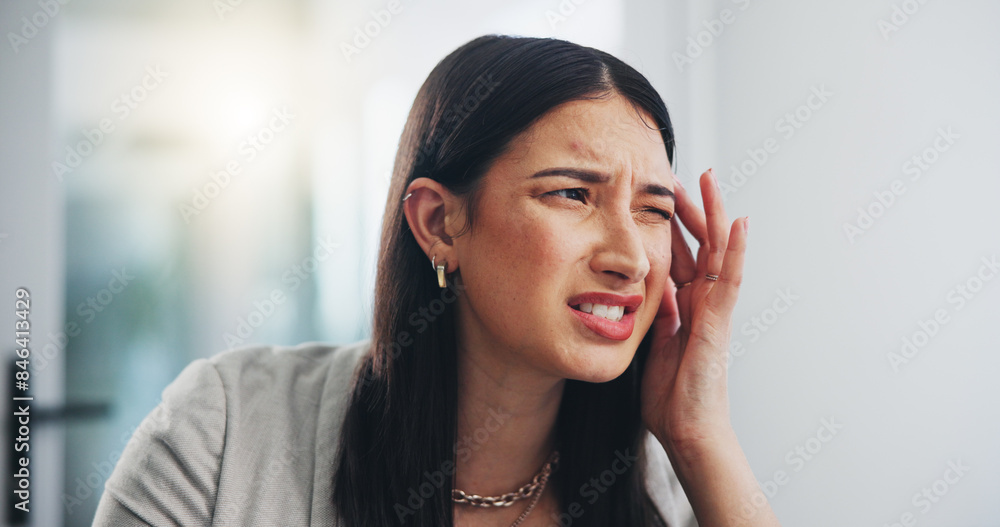 Business, stress and woman in office, headache and pain with burnout ...