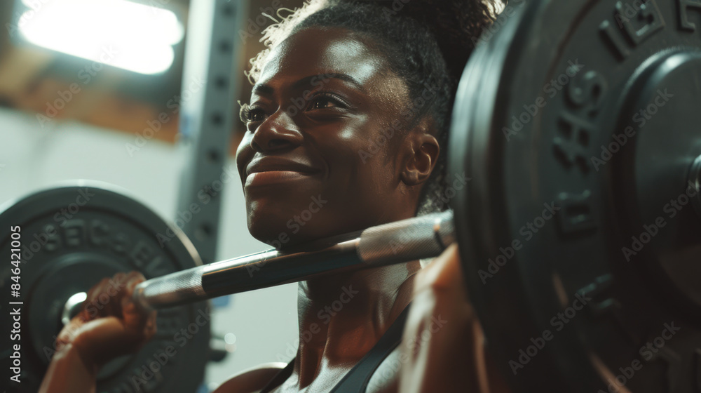 Weightlifting. A happy black woman lifts a barbell with a smile on her ...
