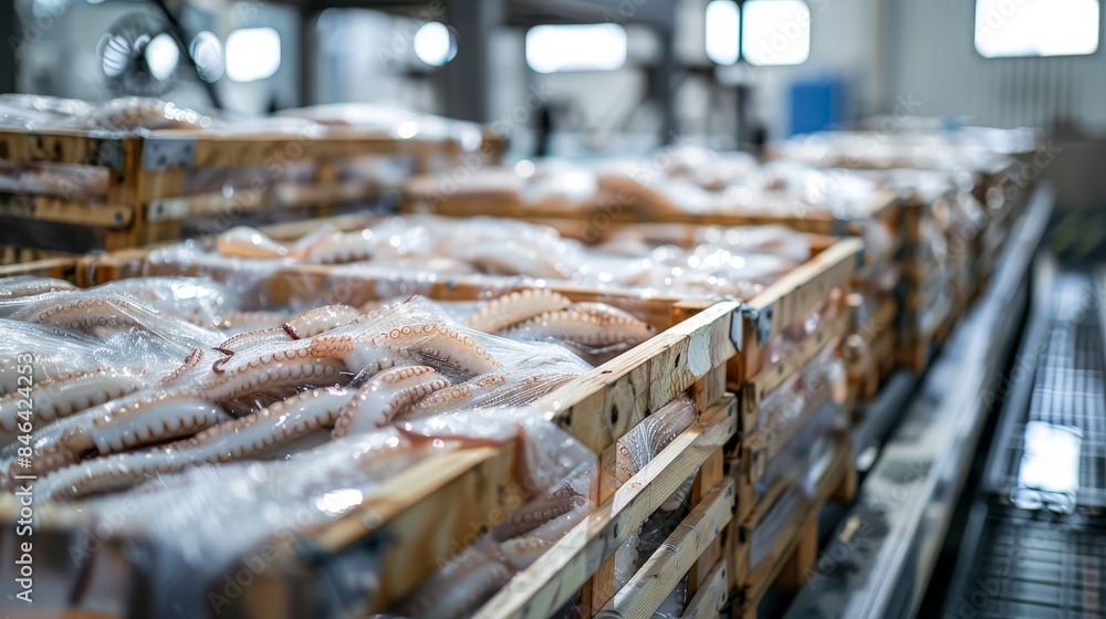 Industrial setting with crates filled with squid fish, individually ...