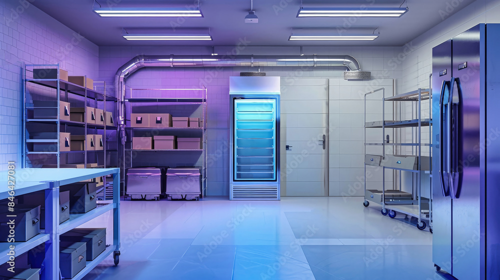 An empty industrial refrigerator room with stainless steel shelving and ...