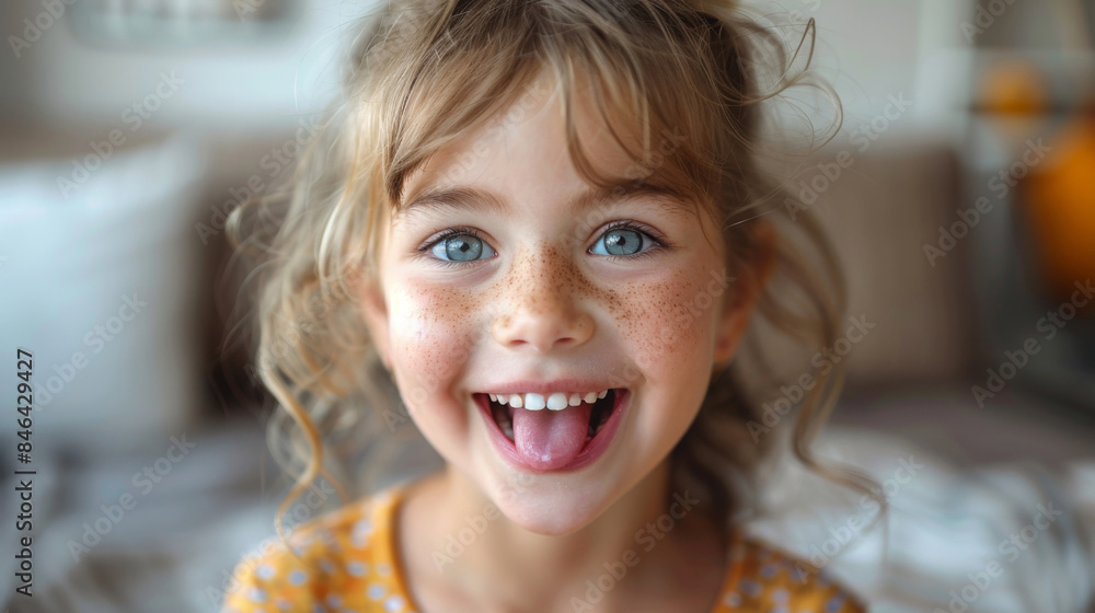Little girl with blue eyes and freckles laughing. A young girl with ...