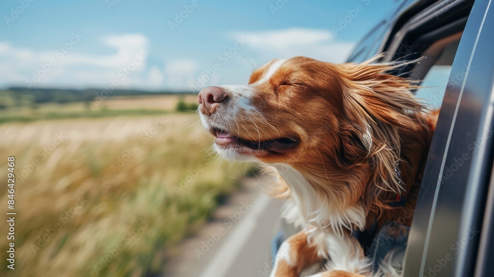 Dog Enjoying The Wind In A Car Window. A happy dog with its head out of ...