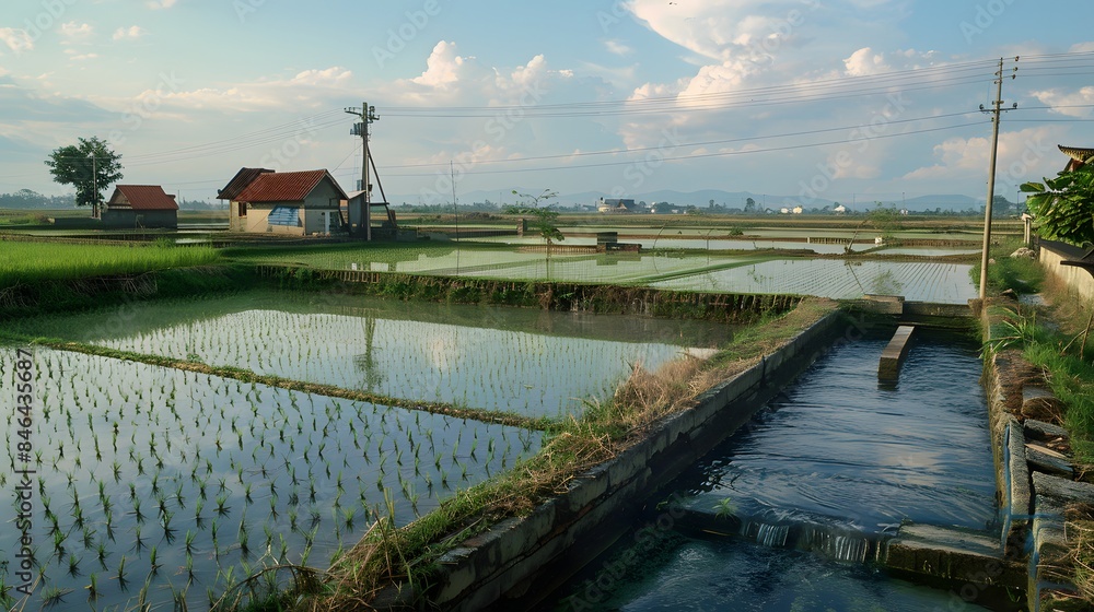 Irrigation of rice fields using ground water pumped through wells ...