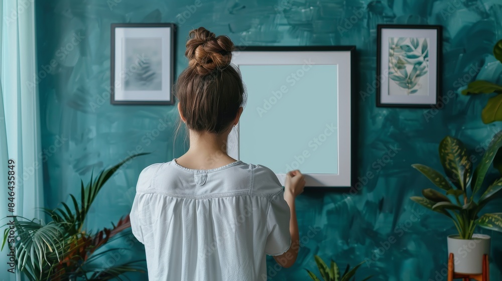 Person seen from behind, hanging a blank frame on the wall, elegant and ...