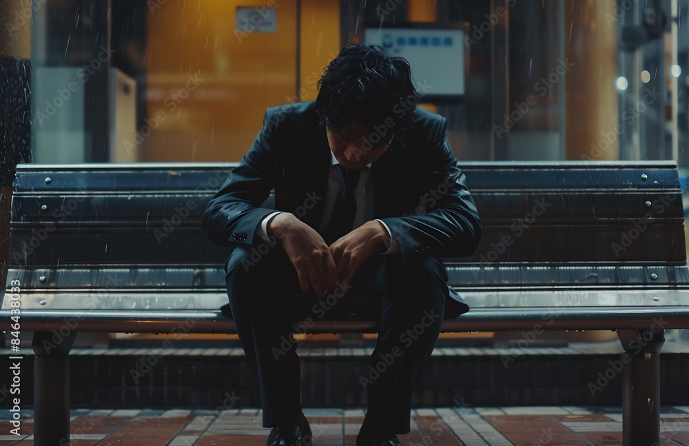 1 man in a suit sitting on the bench with his head down and hands ...