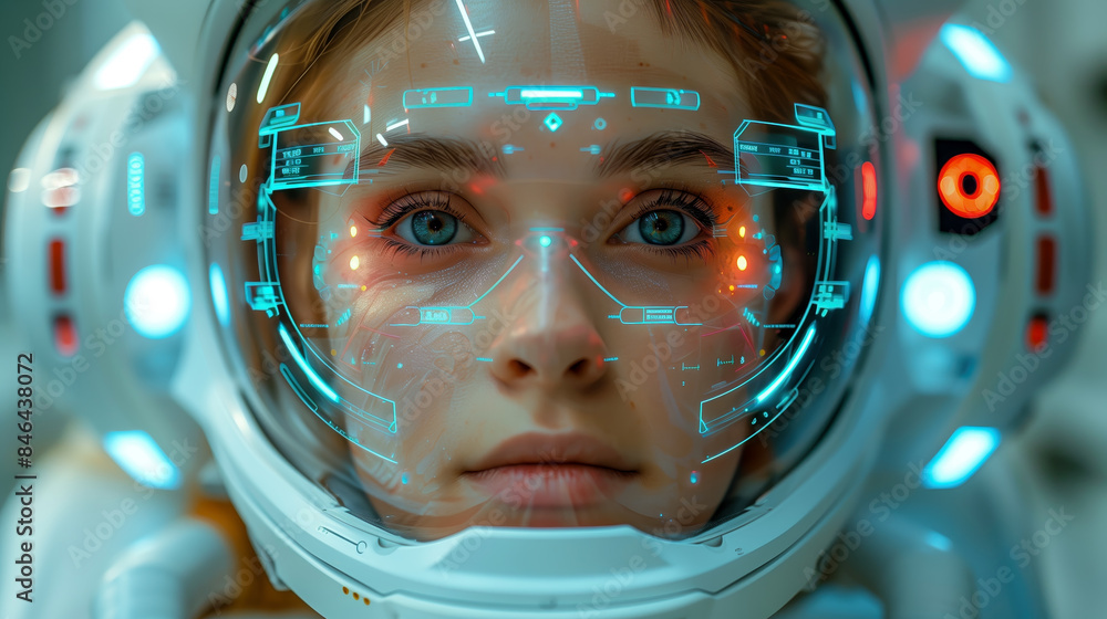 a close-up of a woman's astronaut with bright blue eyes wearing a ...