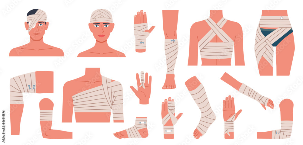 Bandaged body parts. Physical injured with applied bandages, protected ...