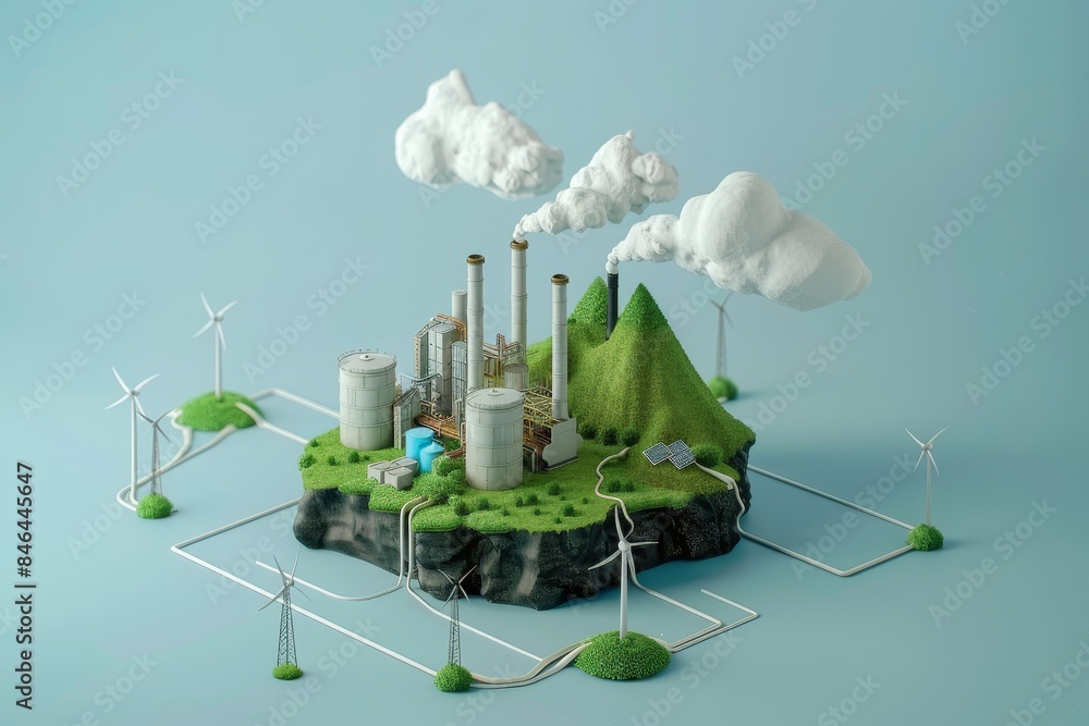 Miniature model of an industrial island with factory pollution and wind ...