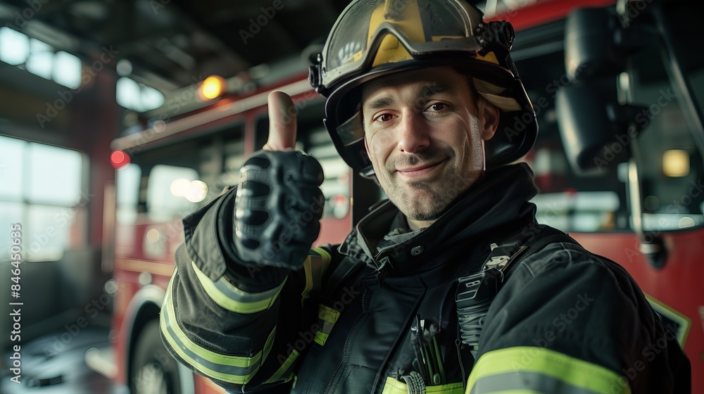 the dedicated firefighter, dressed in full gear, giving a thumbs up ...