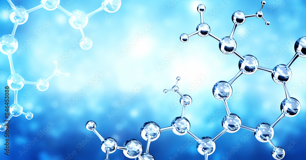 Horizontal Banner With Model Of Abstract Molecular Structure Background Of Blue Color With