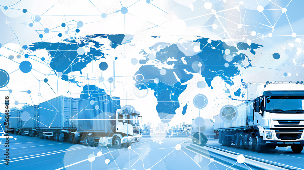 Montage depicting global logistics with a world map, digital ...