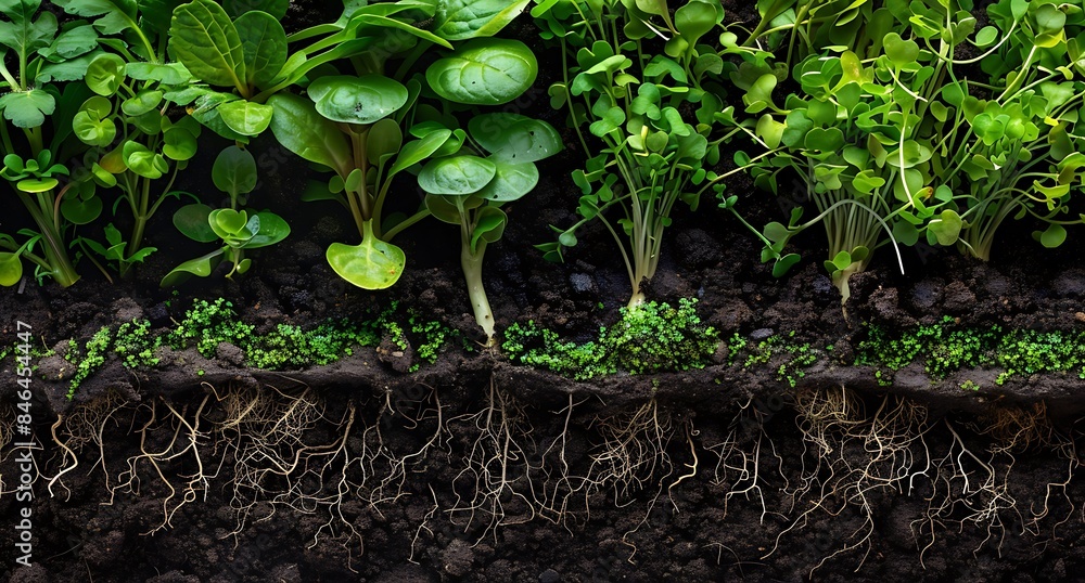 Diverse green seedlings are growing in the soil cross section with ...