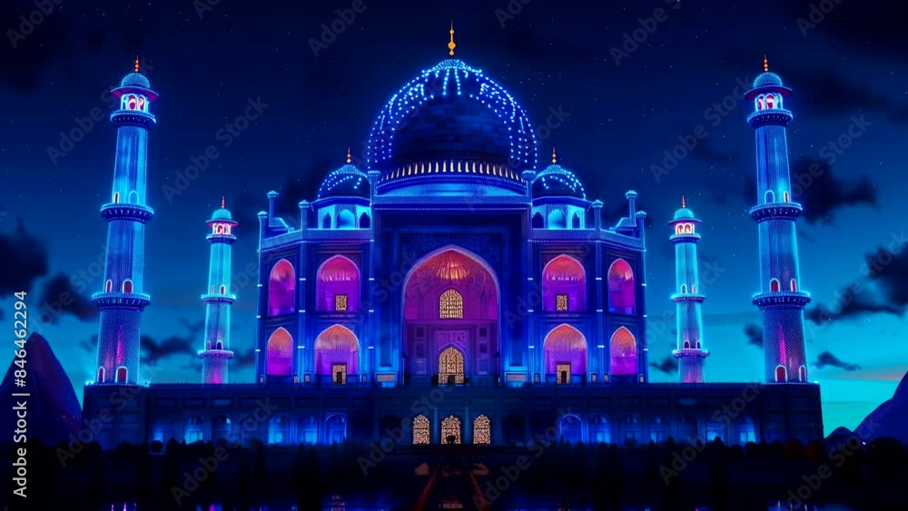 Taj mahal background animation at night with shooting stars in the sky ...
