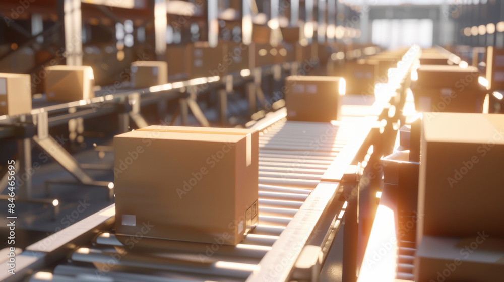 An efficient assembly line with cardboard packages systematically ...