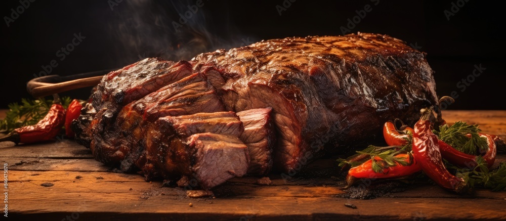 Wood fired beef rib roast beautifully cooked and displayed in a close ...