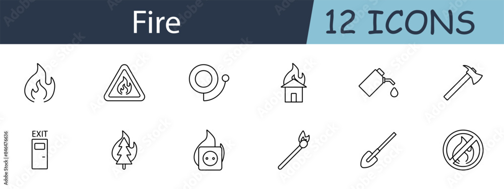 Fire set icon. Includes flames, fire safety, extinguishers, alarms, and ...