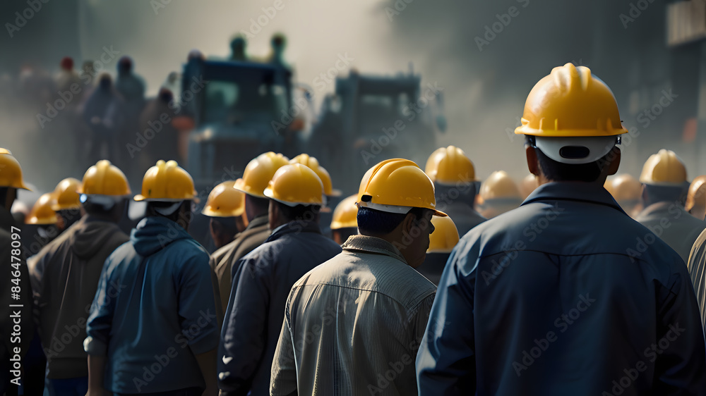 Laborers and workers standing together in protest, with the company’s ...