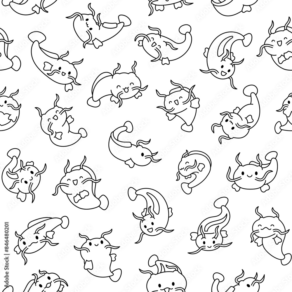 Cute kawaii catfish in different poses. Seamless pattern. Coloring Page ...