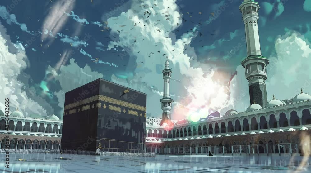 illustration of the Kaaba in Mecca during the Hajj season. seamless ...