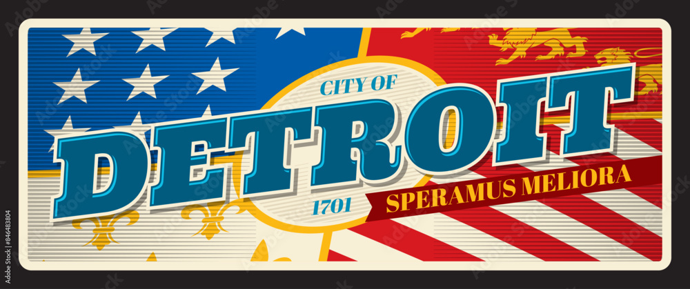Detroit american city retro travel plate, tin sign, tourist sticker ...