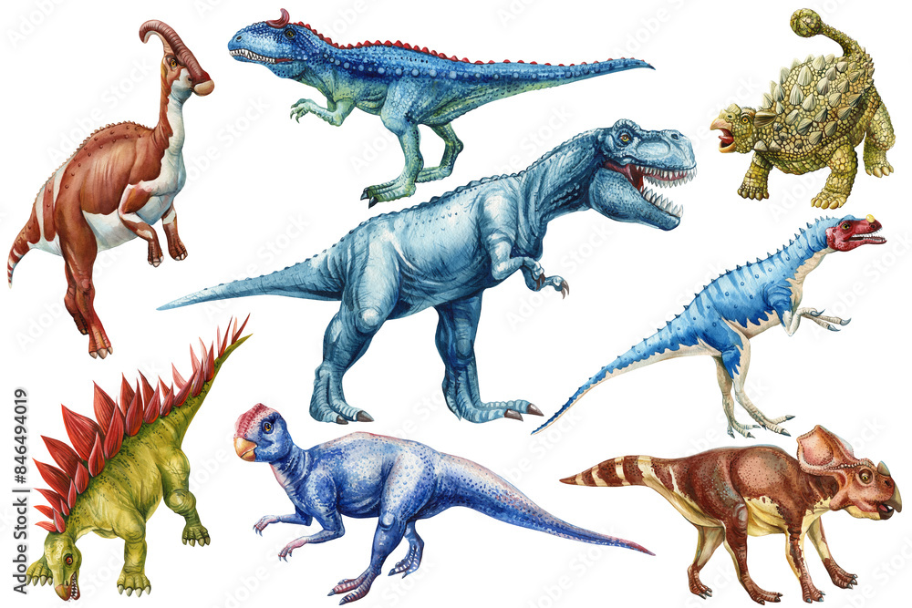 Realistic dinosaur set isolated white background. Hand painted ...