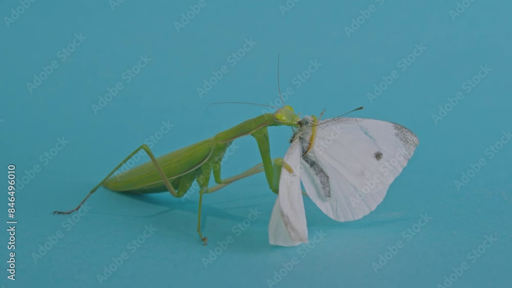 Praying mantis eat white butterfly on blue screen backdrop. Highlight ...