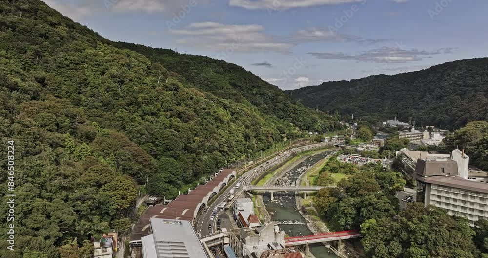 Hakone Japan Aerial v2 drone flyover Yumoto train station along Haya ...