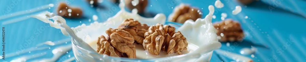 Walnuts splashing in blue background with sheep milk. Dairy product ...