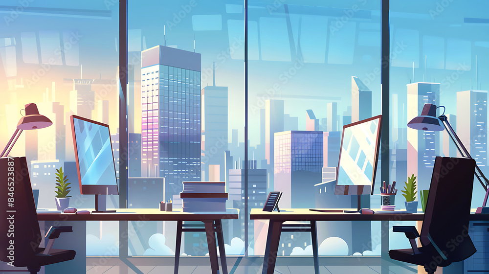 Cartoon illustration of office work desk near wide glass window ...