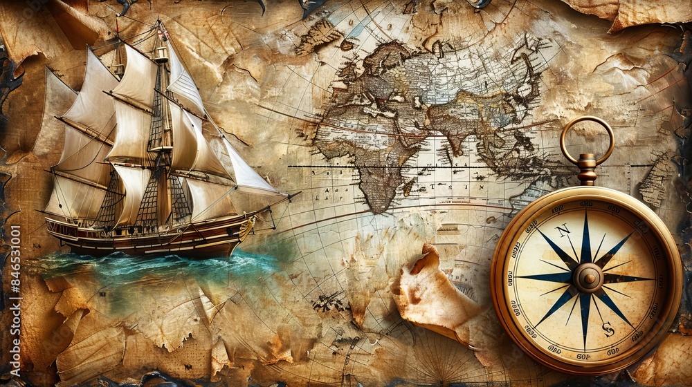 A historical background featuring an old sailboat, a compass, and an ...