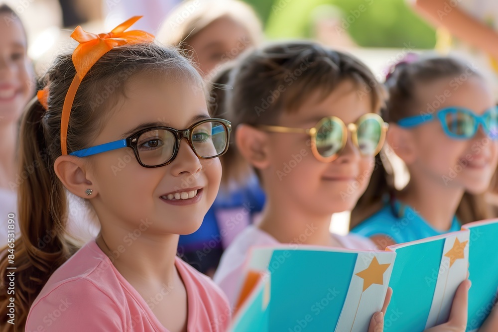 Children at summer camp receive certificates during a ceremony. Stock ...