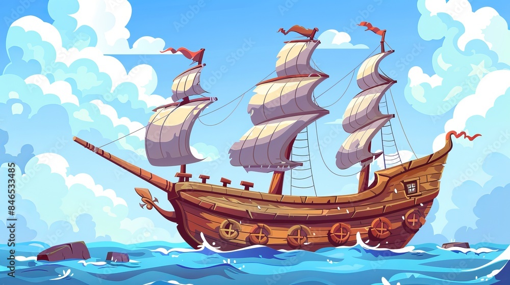 Cartoon illustration of an ancient wooden pirate ship in vector format ...
