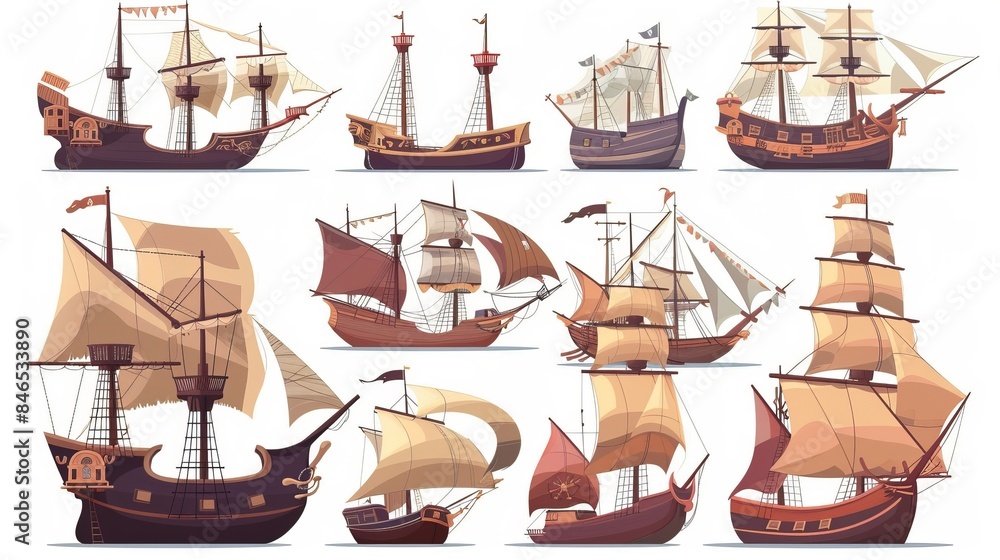 Cartoon illustrations of old wooden ships, including a sailing ship ...