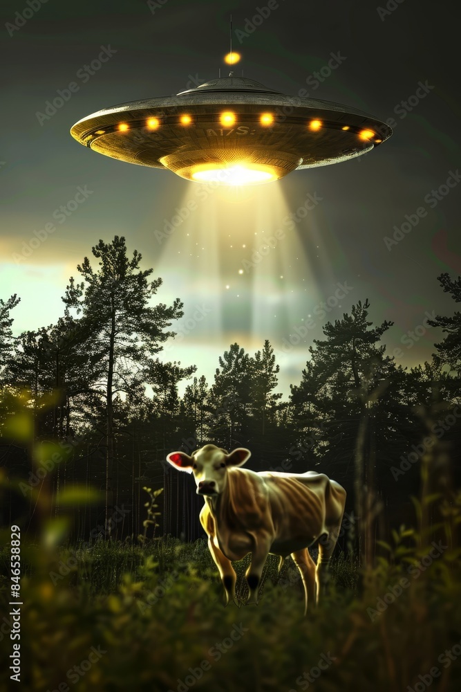 Surreal scene of a cow being abducted by a UFO at night, capturing a ...
