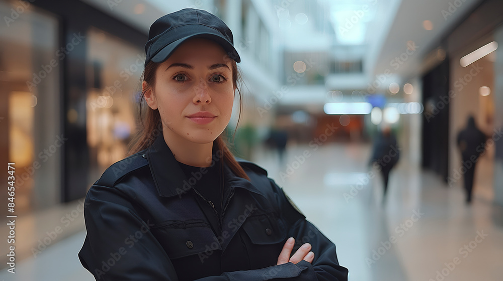 Uniformed woman security guard stands with her arms crossed inside a ...