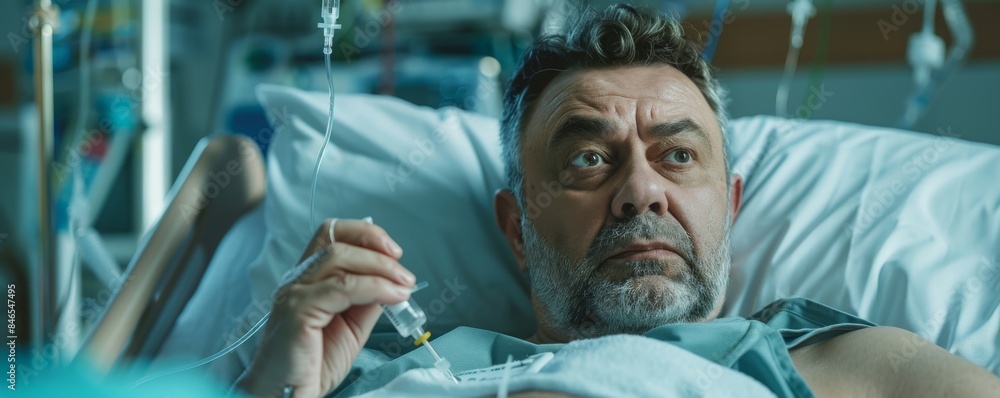 A patient with an IV cannula in vein lies in a hospital bed with a hand ...