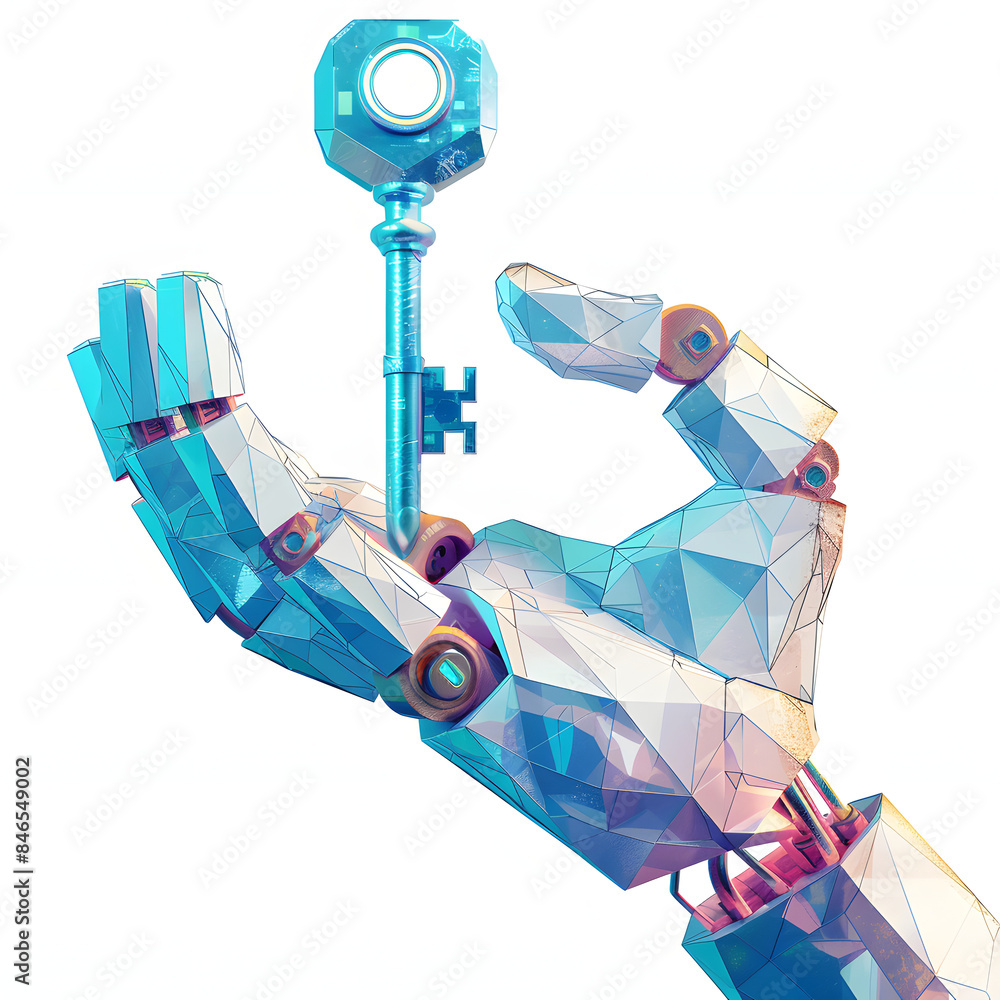 in the digital age, a futuristic key is held in a polygonal hand ...