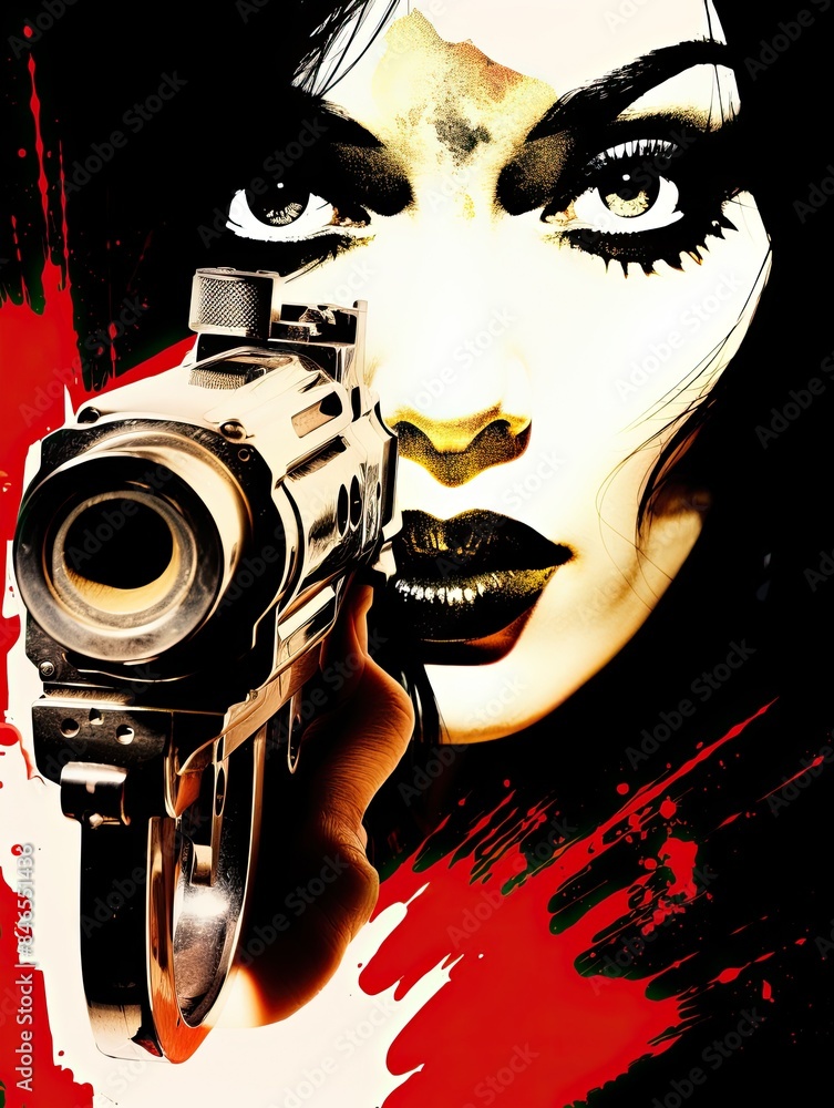 woman holding a gun and is pointing to the camera, in the style of ...