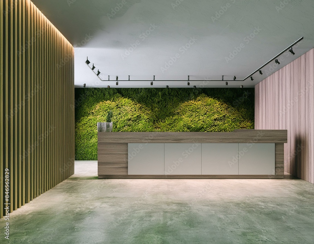 Modern hall interior with reception desk in hotel with wood panel and ...