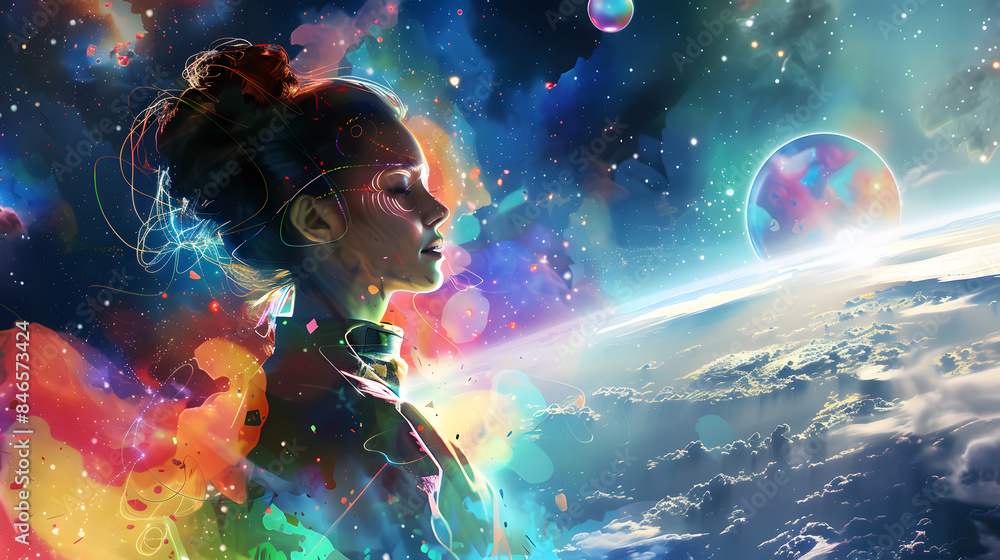 beautiful woman enveloped by the captivating allure of a space nebula ...