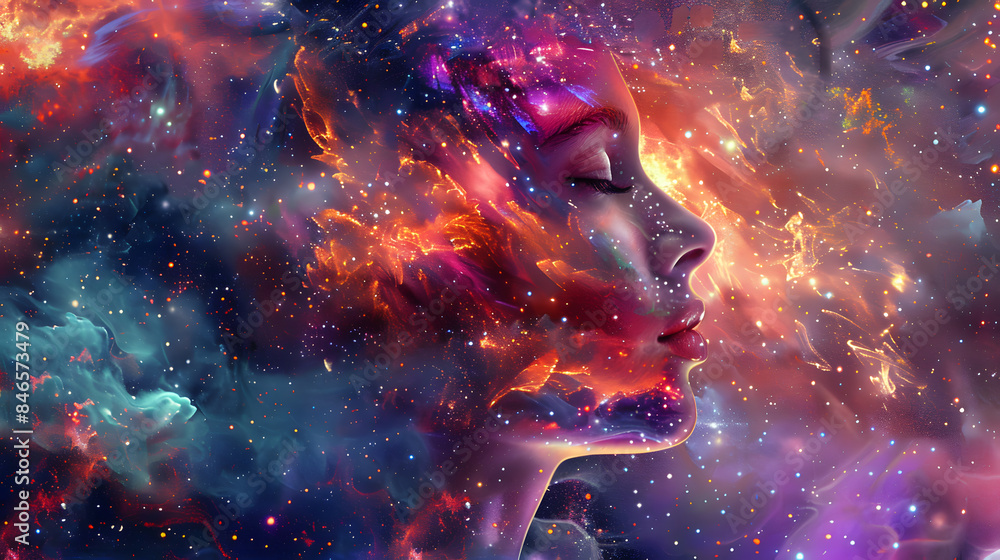 beautiful woman enveloped by the captivating allure of a space nebula ...