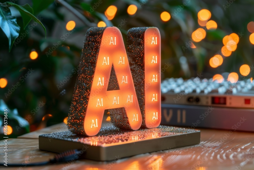 AI neon sign with orange glow, modern tech decor, illuminated letters ...