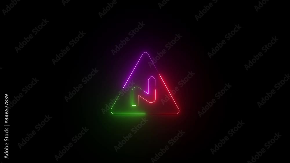 Neon triangular road sign animation. Glowing curves road sign. Triangle ...